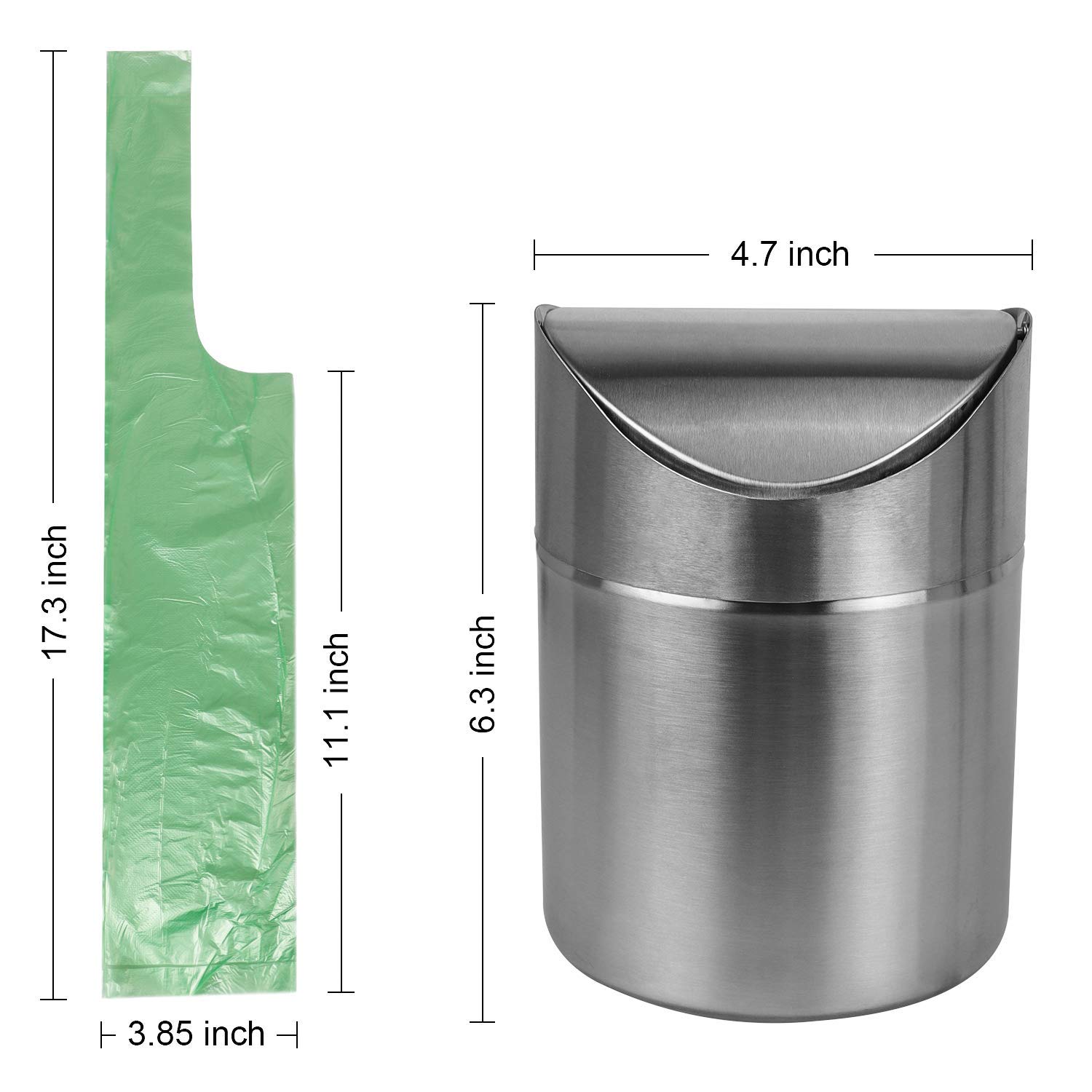 AMAZECO Mini Countertop Brushed Can Stainless Steel Swing Lid Trash Can Set, Come with Trash Bag, 1.5 L / 0.40 Gal Silver Color