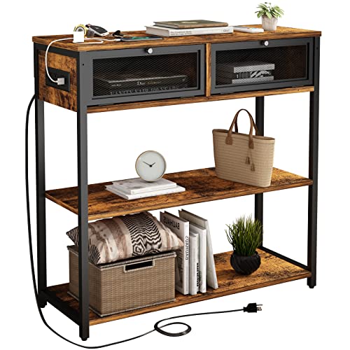 SOOWERY Console Table with Charging Station, 32'' Entryway Table with Doors, Sofa Table Narrow Long with 3 Tiers Open Wood Storage Shelves, for Living Room, Entryway, Foyer, Brown