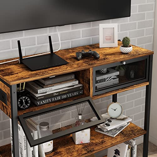 SOOWERY Console Table with Charging Station, 32'' Entryway Table with Doors, Sofa Table Narrow Long with 3 Tiers Open Wood Storage Shelves, for Living Room, Entryway, Foyer, Brown
