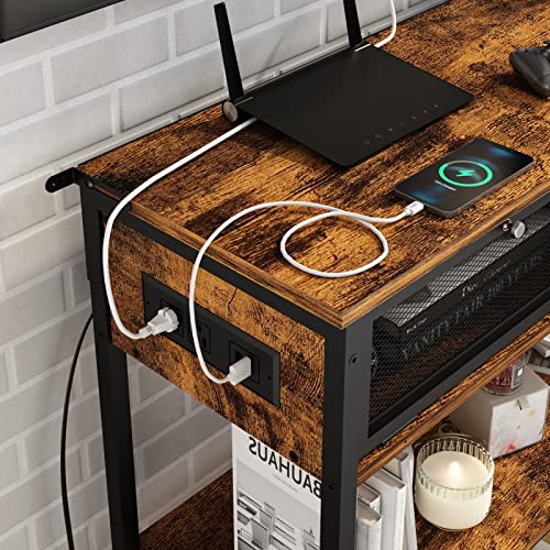 SOOWERY Console Table with Charging Station, 32'' Entryway Table with Doors, Sofa Table Narrow Long with 3 Tiers Open Wood Storage Shelves, for Living Room, Entryway, Foyer, Brown