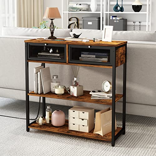 SOOWERY Console Table with Charging Station, 32'' Entryway Table with Doors, Sofa Table Narrow Long with 3 Tiers Open Wood Storage Shelves, for Living Room, Entryway, Foyer, Brown