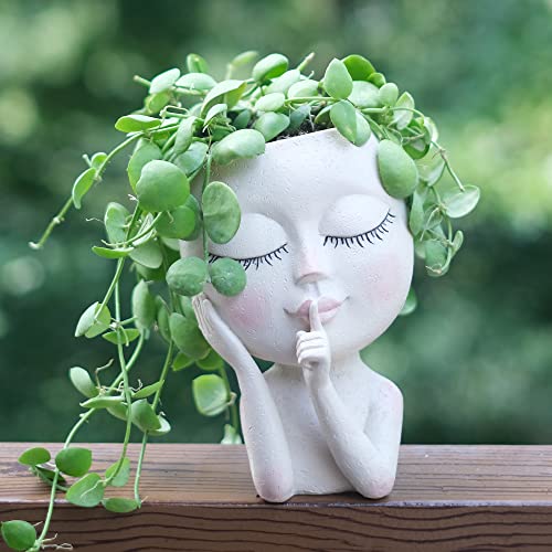 SnugMaker Face Planter Pots Head Planter, Succulent Planters, Face Flower Pot Head Planter for Indoor Outdoor Plants with Drainage Hole Closed Eyes(Light)