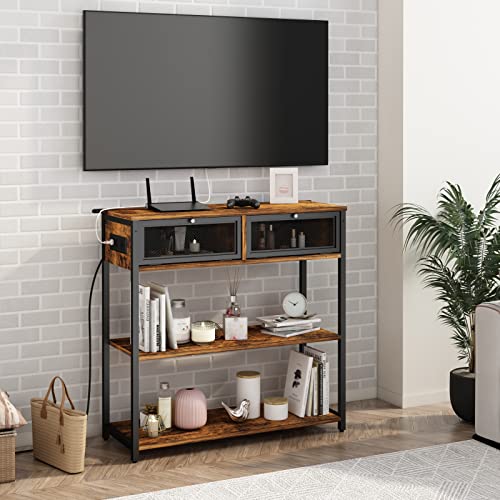 SOOWERY Console Table with Charging Station, 32'' Entryway Table with Doors, Sofa Table Narrow Long with 3 Tiers Open Wood Storage Shelves, for Living Room, Entryway, Foyer, Brown