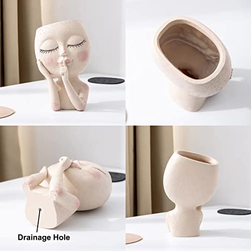 SnugMaker Face Planter Pots Head Planter, Succulent Planters, Face Flower Pot Head Planter for Indoor Outdoor Plants with Drainage Hole Closed Eyes(Light)