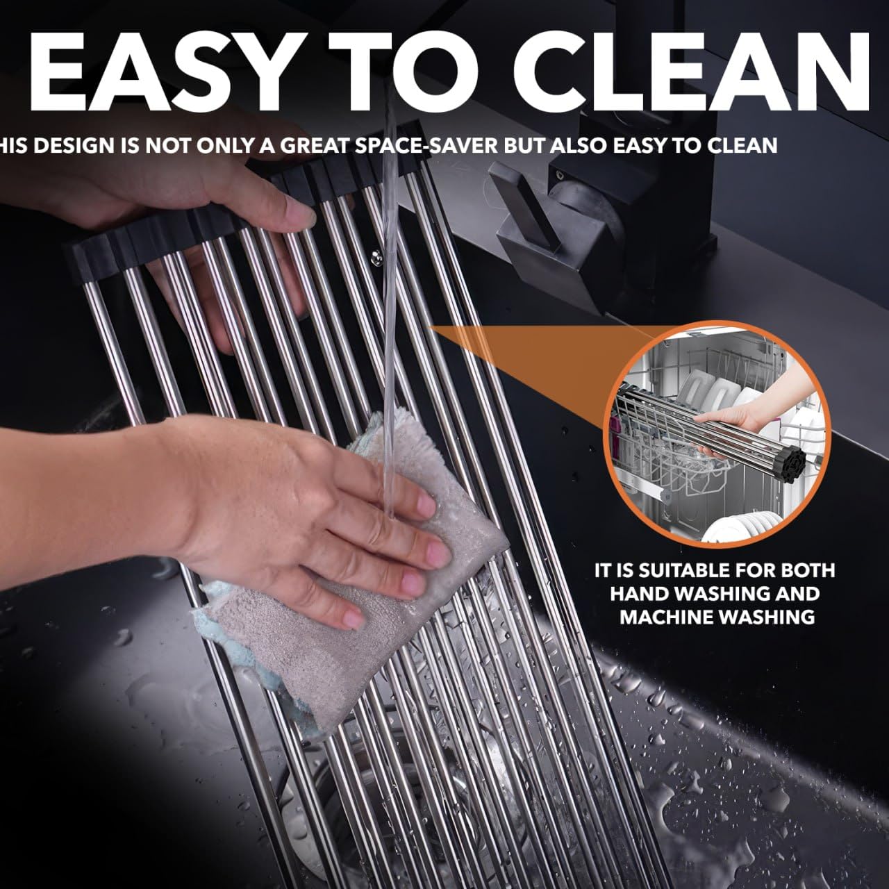 Roll Up Dish Drying Rack 21" x 16" - Over The Sink for Kitchen Counter, Foldable SUS304 Stainless Steel Dish Drying Rack for Cups, Utensils, Fruits, Vegetables