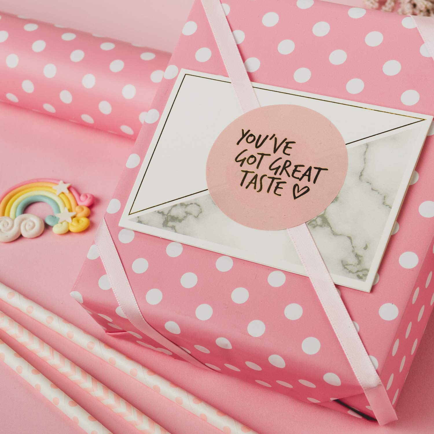 WRAPAHOLIC Reversible Wrapping Paper - Mini Roll - 17 Inch X 33 Feet - Pink and Polka Dot Design for Birthday, Holiday, Wedding, Baby Shower