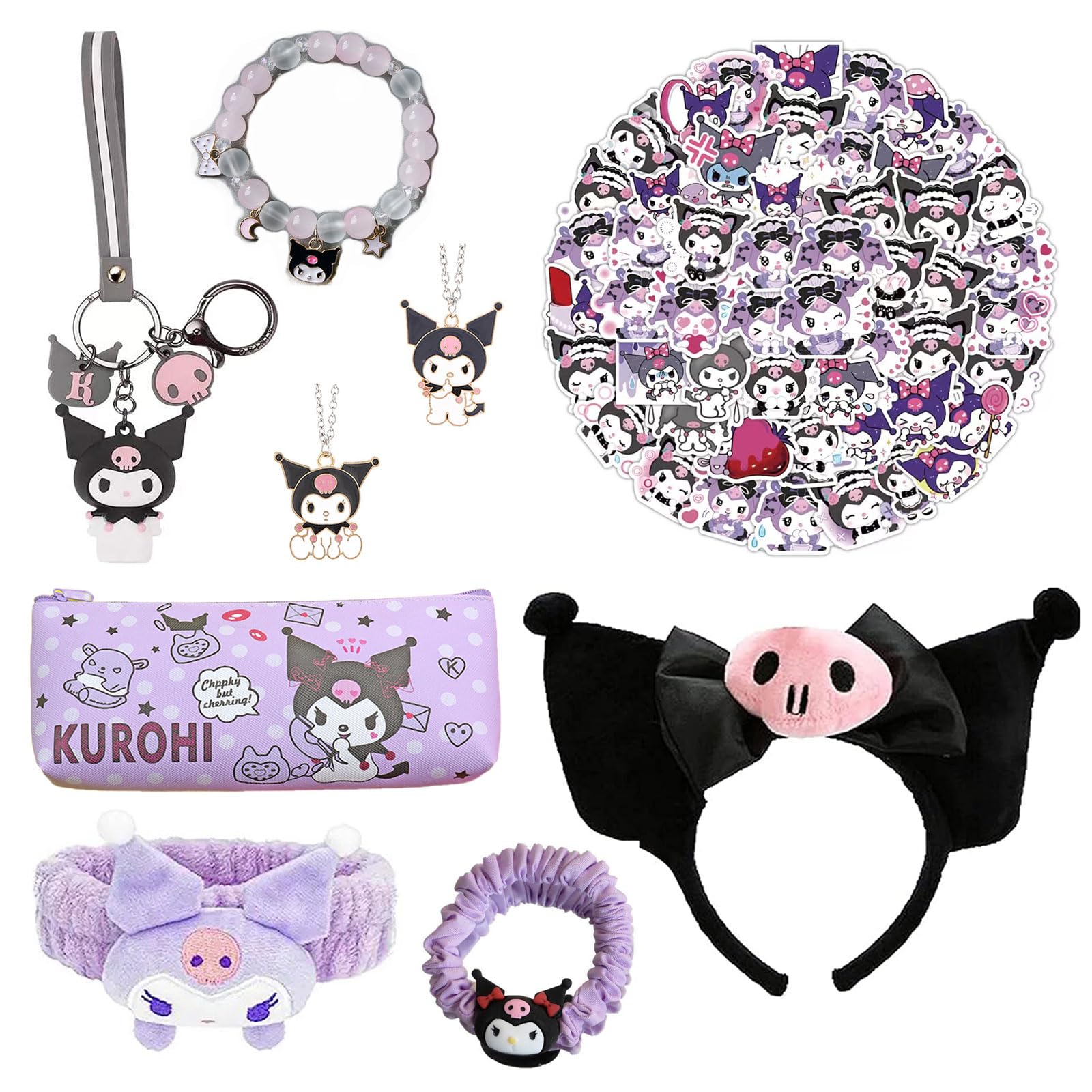 SMAROICE Kawaii Kuromi Gift Set including Cute Headbands Hair Tie Cosmetic Pouch Stickers Keychain Bracelets Necklaces