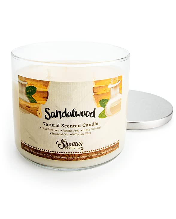Sandalwood Highly Scented Natural 3 Wick Candle, Essential Fragrance Oils, 100% Soy, Phthalate & Paraben Free, Clean Burning, 14.5 Oz.