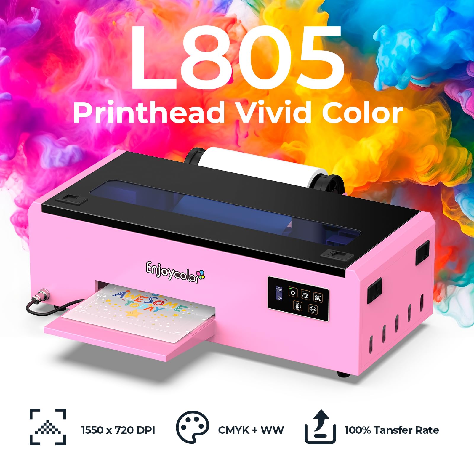 EnjoyColor A4 DTF Printer with Roll Feeder, DTF Transfer Printer Machine for Dark and Light Fabric Printing, Pink