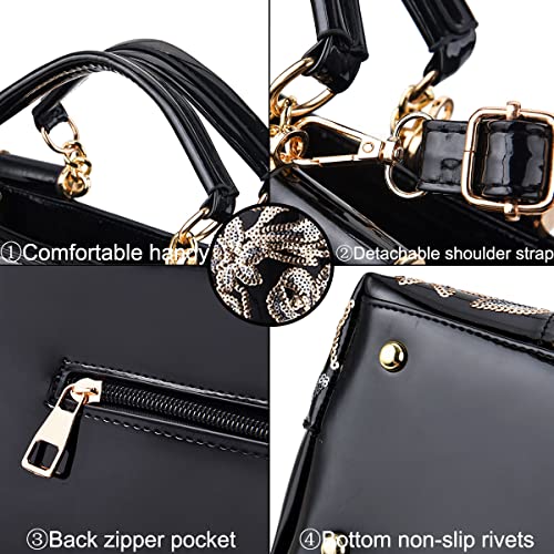 XingChen Shiny Patent Women PU Leather Handbags Embroidery Shoulder Bags Fashion Satchel Purses Top Handle Bags(Purple)