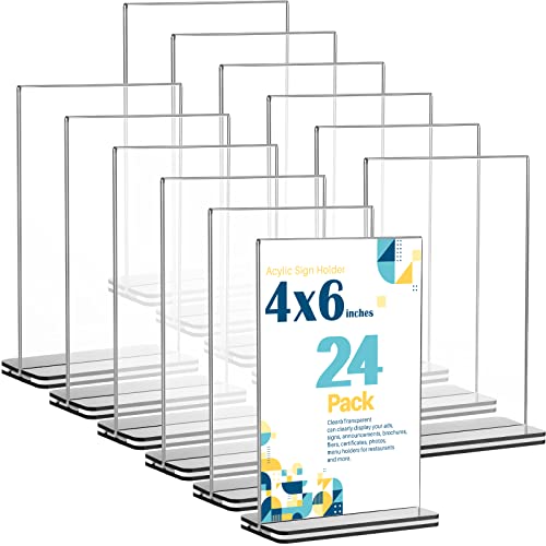 24 Pack Acrylic Sign Holder 4 x 6 Inch Clear Table Sign Holder Double Sided T Shape Plastic Desktop Display Holder Vertical Menu Stand Business Store Sign Holders for Wedding School Office Hotel Party