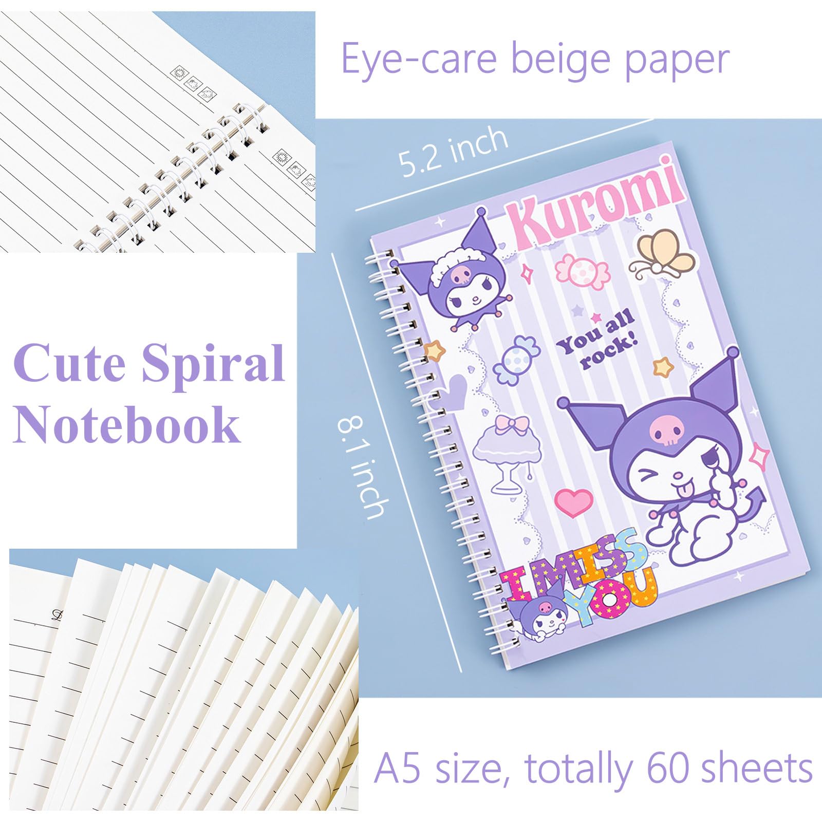 Koiswim School Supplies Set, Cute Stationery Set, Back to School Gift for Kids Including Spiral Journal Notebook, Black Rollerball Pens, Pencil Cse, Stickers
