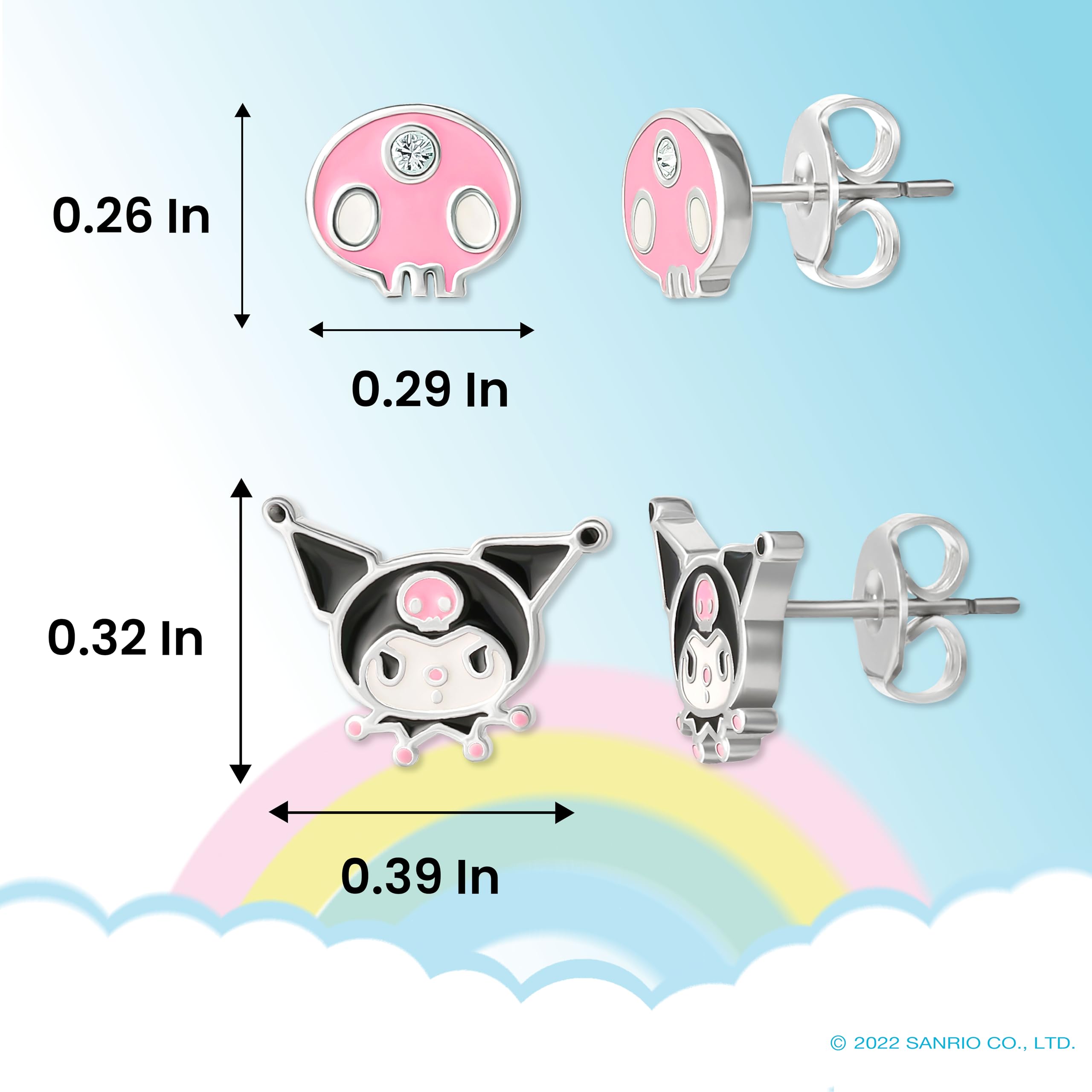 Sanrio Womens Pink Skull and Kuromi Earrings Set 2 Pairs - Silver Plate and Enamel Sanrio Stud Earrings Officially Licensed