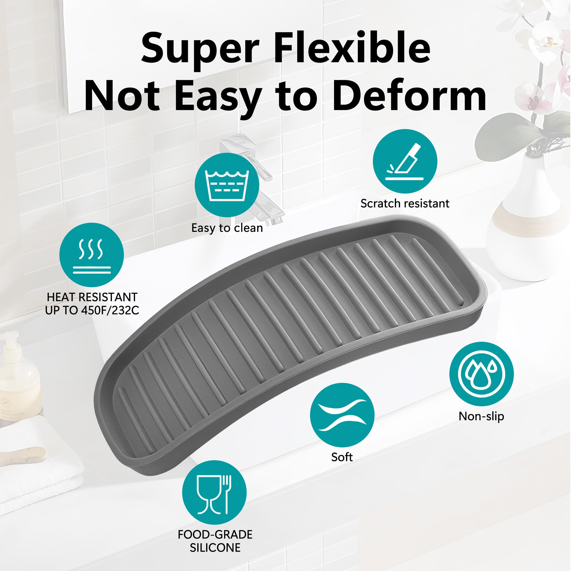 silicone sponge holder - dish soap holder for kitchen counter 2 Pack, Waterproof sponge soap tray for kitchen sink bathroom, Multipurpose sink caddy organizer for soap dispenser Scrubbers Makeup Gray