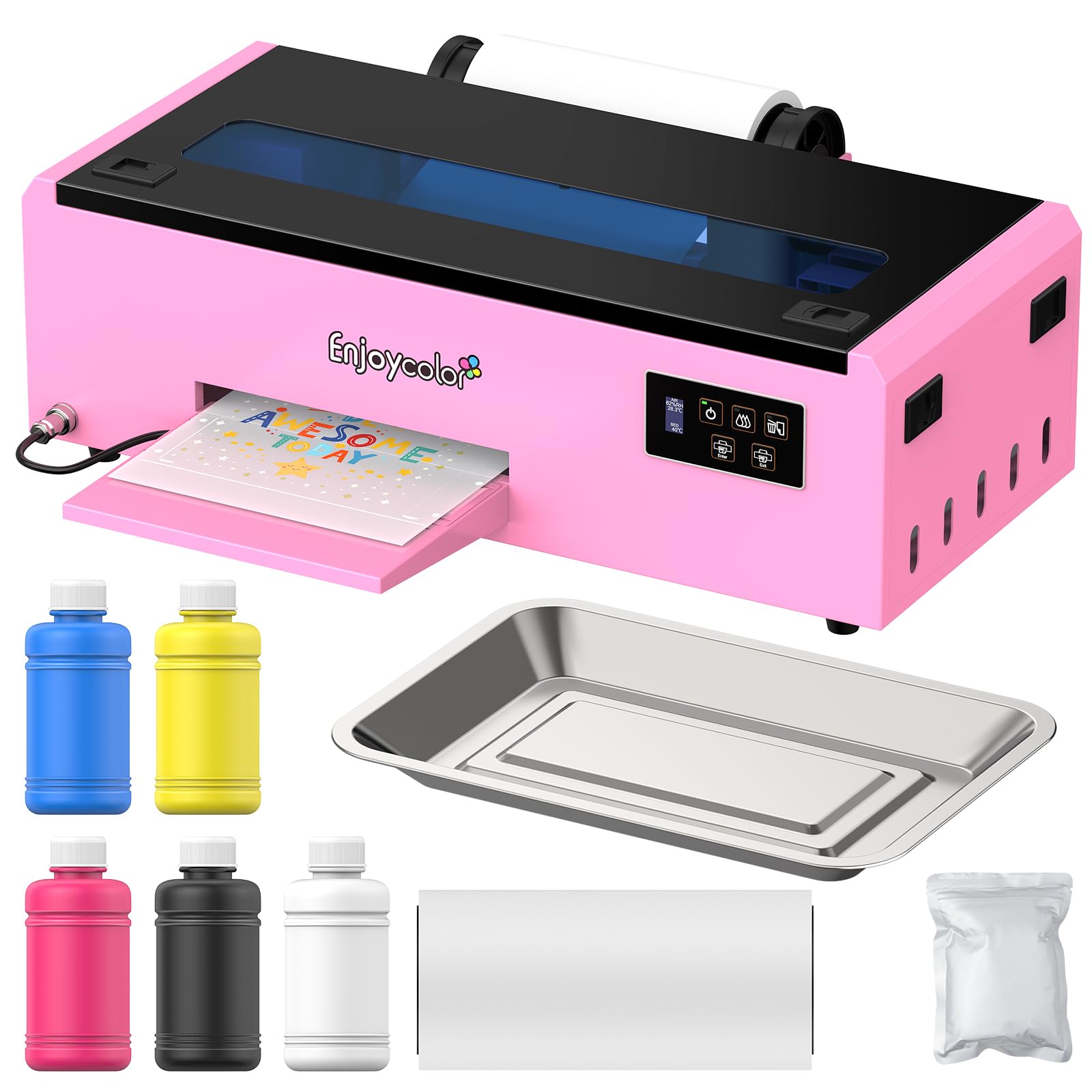 EnjoyColor A4 DTF Printer with Roll Feeder, DTF Transfer Printer Machine for Dark and Light Fabric Printing, Pink