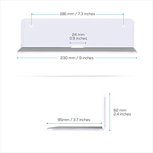 BRAINWAVZ 2-Pack 9” Floating Shelf Bluetooth Speaker Stand, Adhesive & Screw Wall Mount, Anti Slip, for Cameras, Baby Monitors, Webcam, Router, Wide Universal Holder Shelves (SHELF23 White)