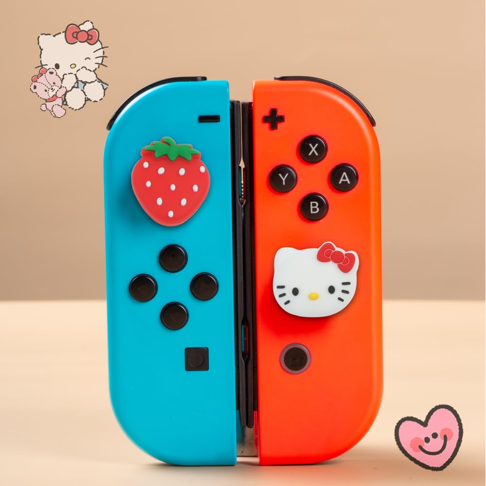 PERFECTSIGHT Switch Thumb Grips Caps, Cute Kitty Joystick Caps for Nintendo Switch/Lite/Switch OLED, 4 PCS Thumbstick Cover, Analog Stick Button Cover for NS Joycon Controller Accessories,Strawberry