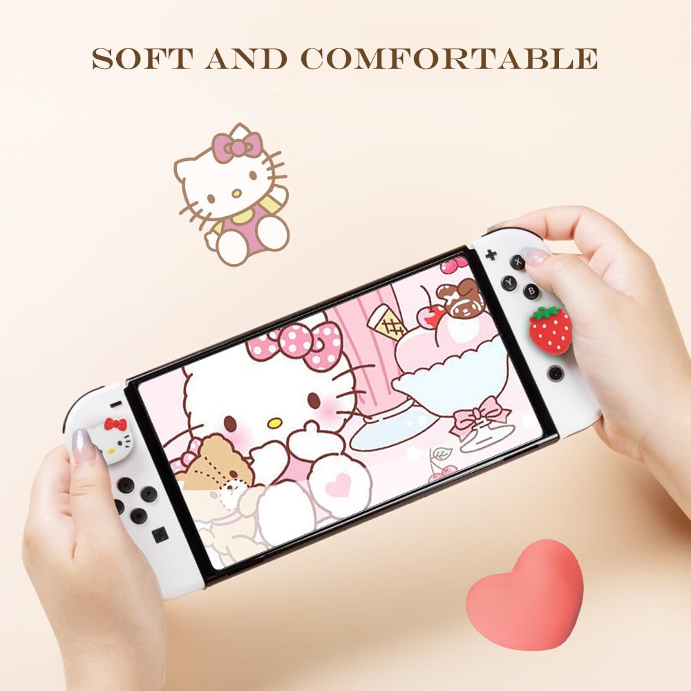 PERFECTSIGHT Switch Thumb Grips Caps, Cute Kitty Joystick Caps for Nintendo Switch/Lite/Switch OLED, 4 PCS Thumbstick Cover, Analog Stick Button Cover for NS Joycon Controller Accessories,Strawberry