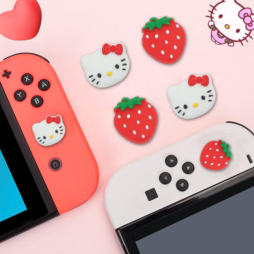 PERFECTSIGHT Switch Thumb Grips Caps, Cute Kitty Joystick Caps for Nintendo Switch/Lite/Switch OLED, 4 PCS Thumbstick Cover, Analog Stick Button Cover for NS Joycon Controller Accessories,Strawberry