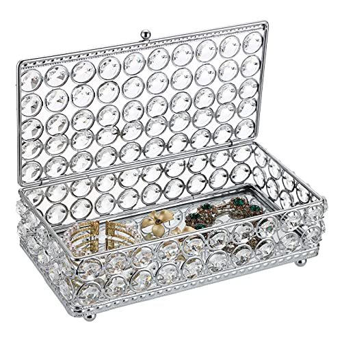 ELLDOO Crystal Jewelry Box Rectangle Trinket Organizer Earrings Rings Box Treasure Box Storage Home Decor Accent Decorative Box with Lid for Valentine Wedding Christmas Birthday Gift, Silver