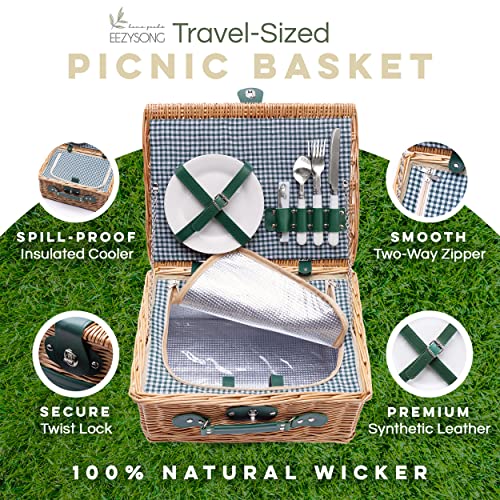 Handmade Wicker Picnic Basket for 2 with Insulated Cooler, Ceramic Plates, Utensils & Wine Glasses - Perfect Picnic Set for Camping, Outdoors, Photoshoot, or a Birthday, Valentine’s Day, Wedding Gift