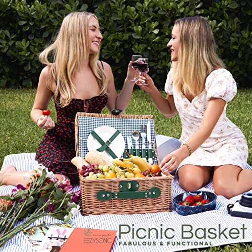 Handmade Wicker Picnic Basket for 2 with Insulated Cooler, Ceramic Plates, Utensils & Wine Glasses - Perfect Picnic Set for Camping, Outdoors, Photoshoot, or a Birthday, Valentine’s Day, Wedding Gift