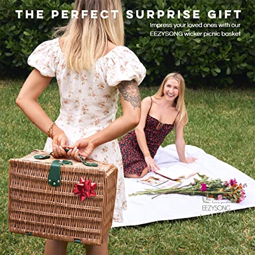 Handmade Wicker Picnic Basket for 2 with Insulated Cooler, Ceramic Plates, Utensils & Wine Glasses - Perfect Picnic Set for Camping, Outdoors, Photoshoot, or a Birthday, Valentine’s Day, Wedding Gift