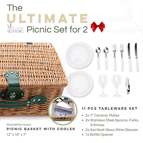 Handmade Wicker Picnic Basket for 2 with Insulated Cooler, Ceramic Plates, Utensils & Wine Glasses - Perfect Picnic Set for Camping, Outdoors, Photoshoot, or a Birthday, Valentine’s Day, Wedding Gift