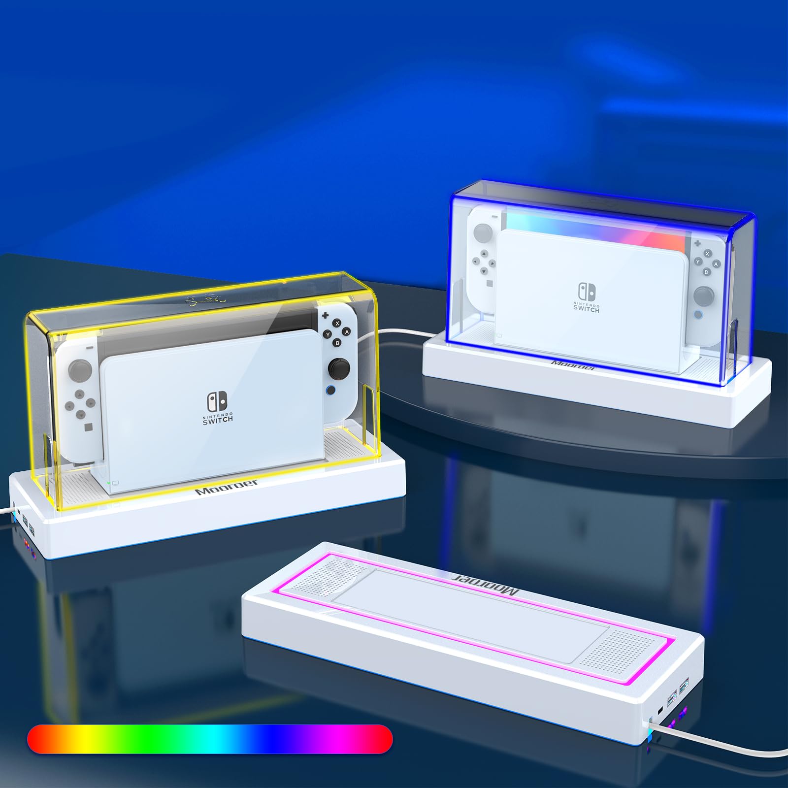 Mooroer Dust Cover with 16 LED Colors Light Base for Nintendo Switch/OLED, Acrylic Clear Display Box Anti-Scratch Waterproof Slim Dock Case, Cool Switch Accessories