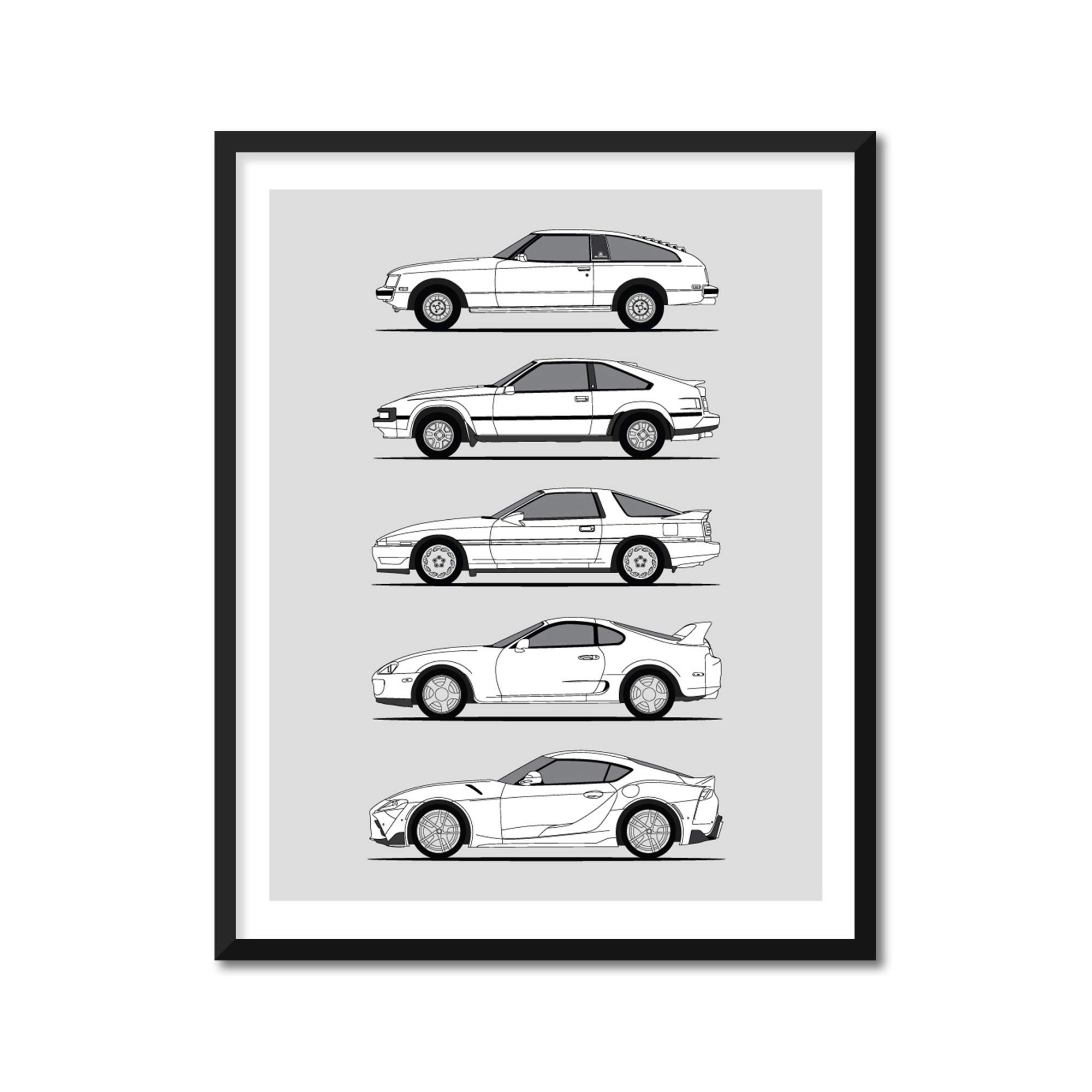 Idea Network History of Toyota Supra Generations Print (Wall Art Handmade the Supra Mk I, Mk II, Mk III, Mk IV, Mk V) (8x10" Print (Unframed), Satin Paper)