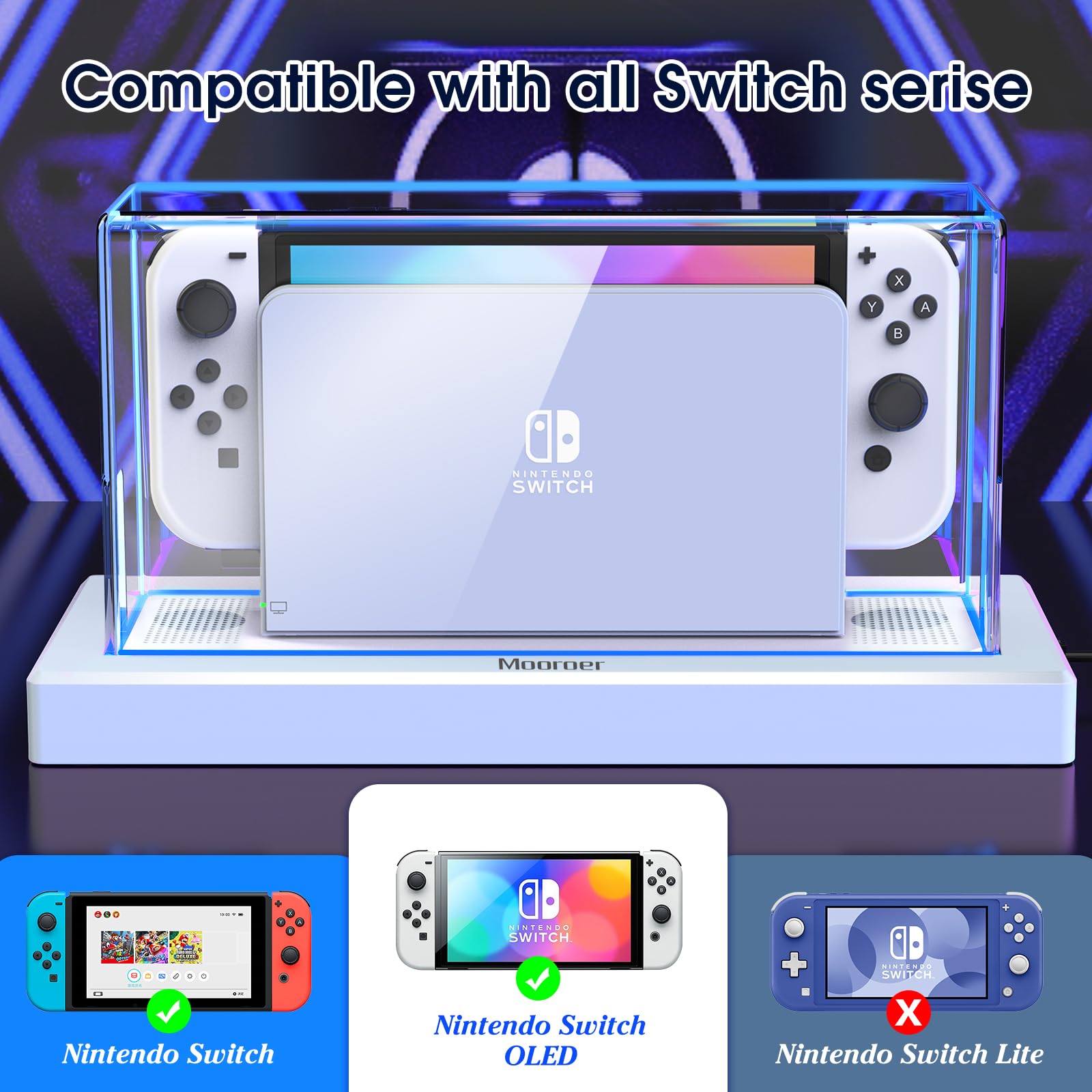 Mooroer Dust Cover with 16 LED Colors Light Base for Nintendo Switch/OLED, Acrylic Clear Display Box Anti-Scratch Waterproof Slim Dock Case, Cool Switch Accessories