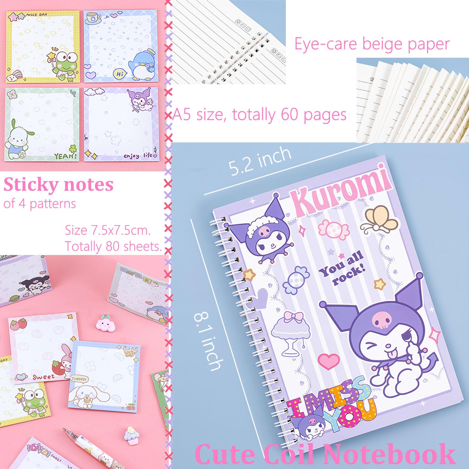 Koiswim Cute School Supplies Kawaii Stationery Gift Set, Including Gel Pens Notebook Pencil Cse Stickers Pins Badge Lanyard Sticky Note Bookmark (K)
