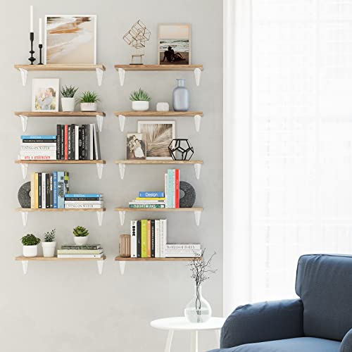 Wallniture Arras 17"x4.5" Wall Bookshelves Floating Shelves for Wall Storage,Wall Shelf for Living Room, Kitchen Organizer, Office, Burnt Finish White Bracket Set of 10