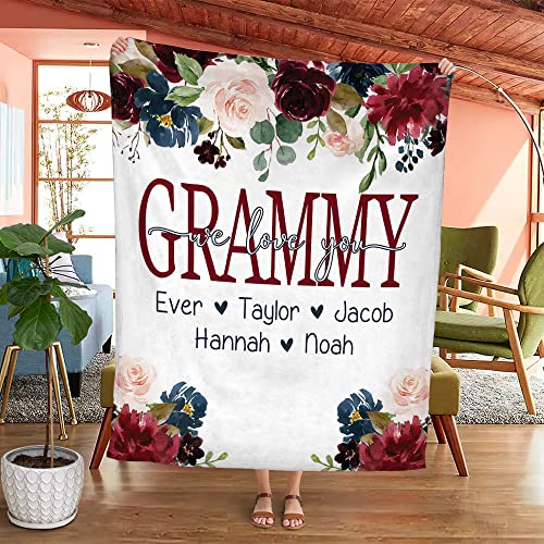 Grandma Grammy Floral Fleece Blanket Customized Grandkids Names, Personalized Grandma Blanket Gift for Grandma Nana Mimi from Grandkids We Love You Grandma Blanket On Birthday Mothers Day