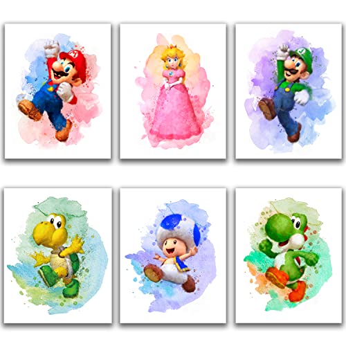 Gwency Design Super Mario Game Watercolor Posters - Set of 6 ( 8 inch x 10 inch ) - Super Mario Wall Art Game Room Decor For Kids - Nursery, Bathroom, Playroom Decor ( UNFRAMED )