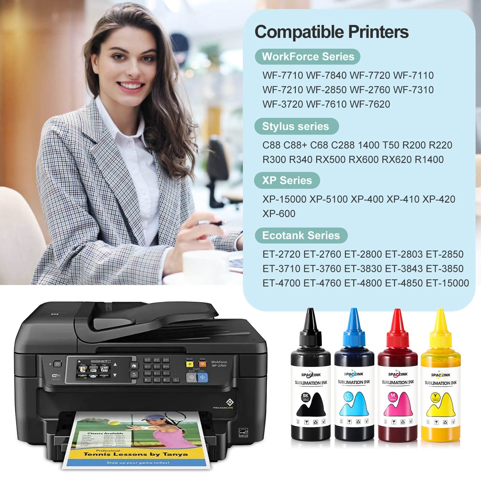 Spaceink Dye Sublimation Ink Refill Kit for Workforce XP-5100 WF-3640 WF-7720 WF-7710 ET-2760 ET-2720 ET-3760 WF-7840 XP-15000 ET-4760 WF-7840 L3110 WF-3620 C88 Printers Heat Press Transfer Ink