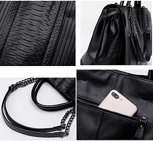 NIGEDU Women Handbag Crocodile Patterned PU Leather Tote Handbags Women's Chain Shoulder Bag Large Black Totes (Black)
