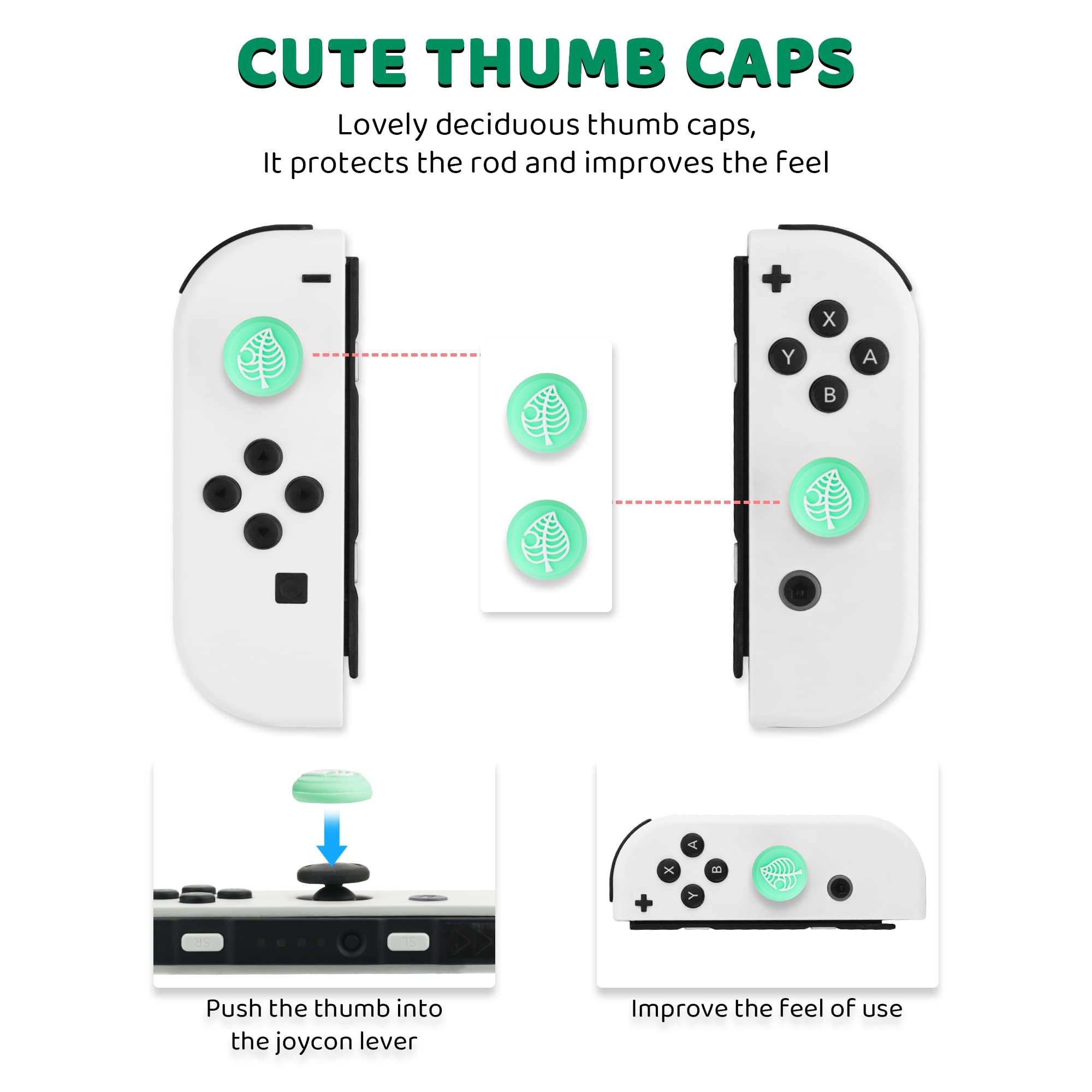 FUNDIARY Green Travel Carrying Case for Nintendo Switch and Switch OLED with Animal Crossing Leaf Design, Shockproof Accessories with Portable Storage Bag, Game Card Case, Handle Strap & 2 Thumb Caps