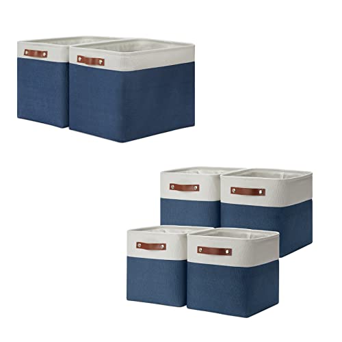 DULLEMELO Collapsible Bundle Baskets 2 Large Baskets 16"x12"x12" + 4 Cube Baskets 11"x11"x11"(White&Blue)
