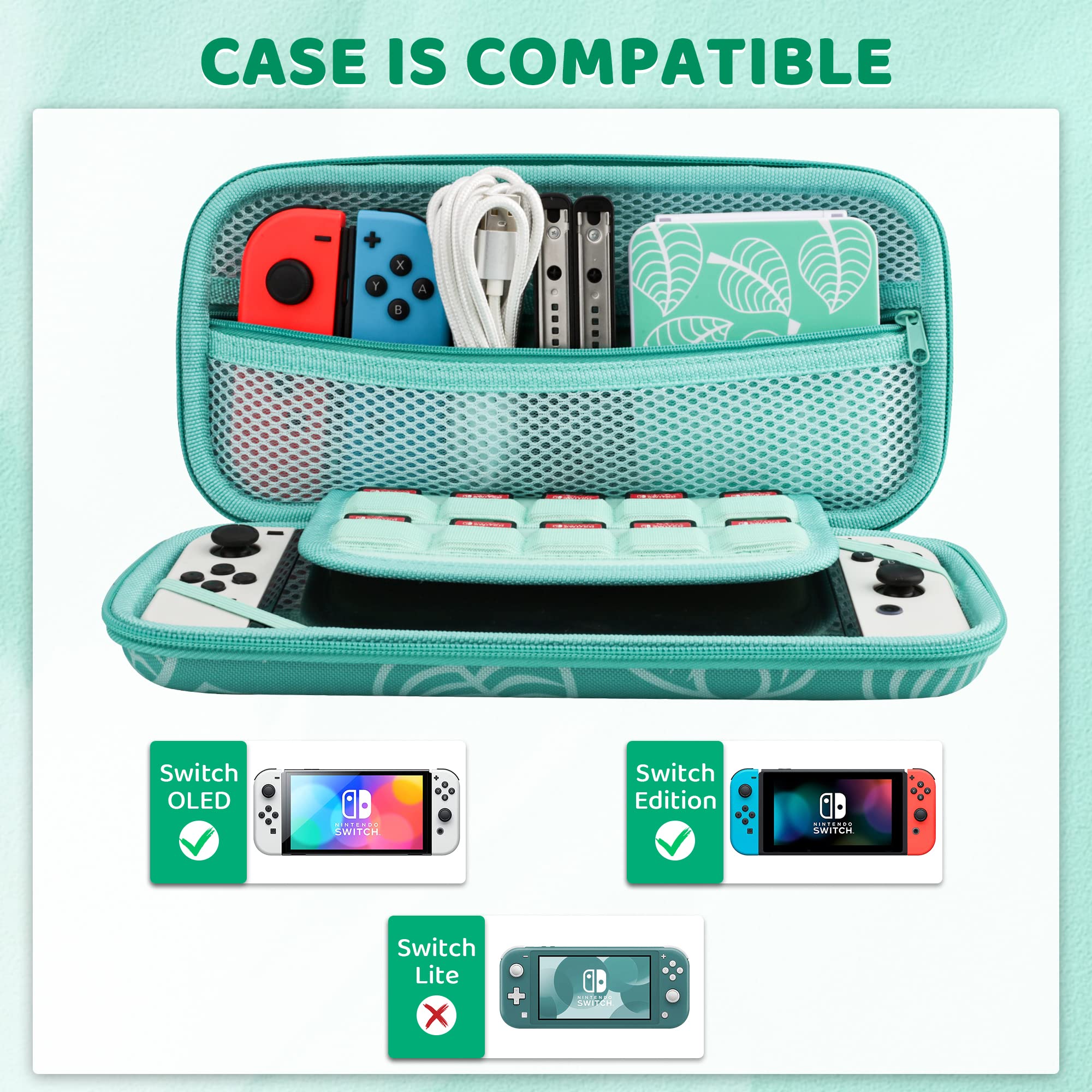 FUNDIARY Green Travel Carrying Case for Nintendo Switch and Switch OLED with Animal Crossing Leaf Design, Shockproof Accessories with Portable Storage Bag, Game Card Case, Handle Strap & 2 Thumb Caps
