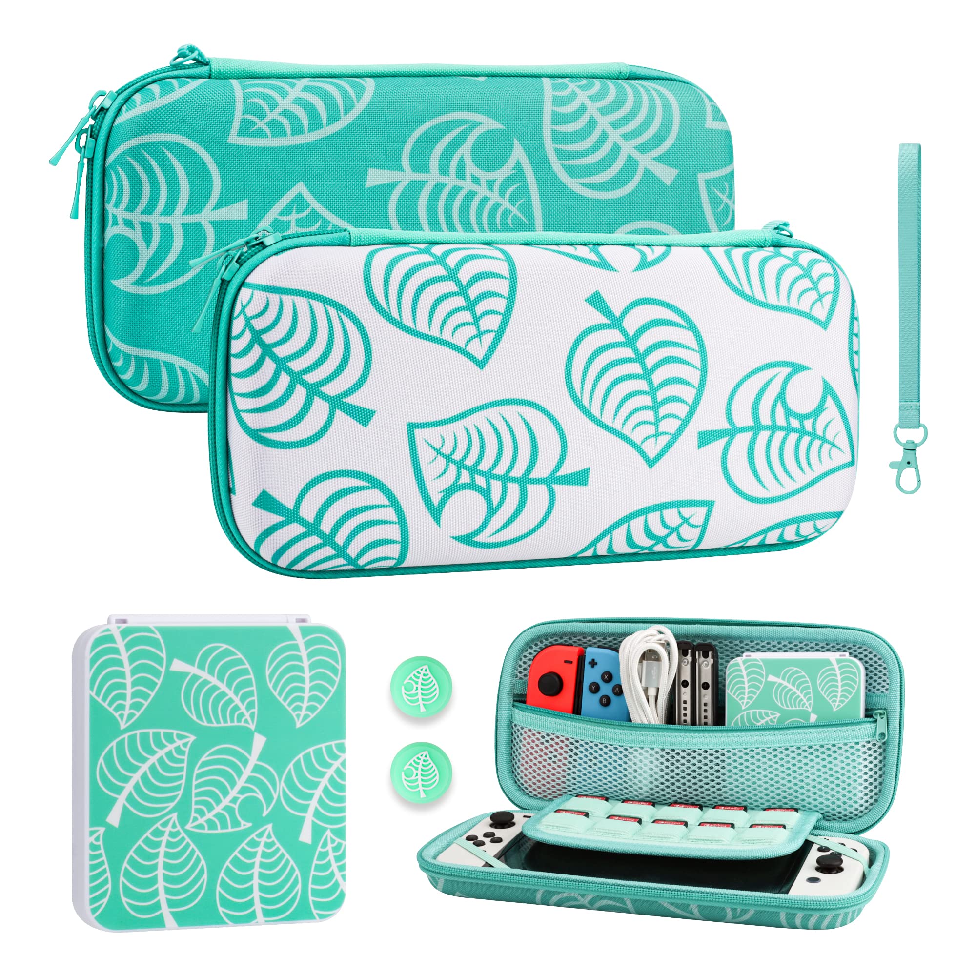 FUNDIARY Green Travel Carrying Case for Nintendo Switch and Switch OLED with Animal Crossing Leaf Design, Shockproof Accessories with Portable Storage Bag, Game Card Case, Handle Strap & 2 Thumb Caps