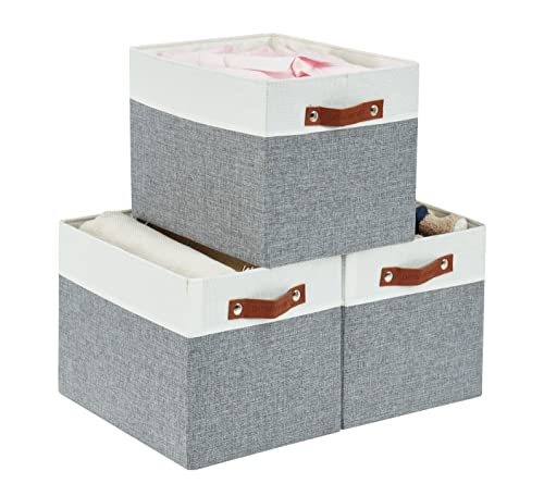 DECOMOMO Storage Bins | Collapsible Storage Cubes for Kallax Shelves Toy Storage Cloth Nursery 13x15x13 Decorative Baskets for Organizing with Handles (Grey and White, 3-Pack)
