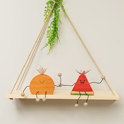 Yangbaga 2pcs Wooden Decorations for Shelf, Artificial Fake Succulents Plants Cute Decor with Metal Hanging Leg for Home Office Desk Shelf