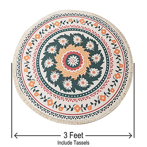 Miiciuib Boho Round Rugs, 3'x3' Round Bohemian Mandala Tassels Decor Carpet Woven Circle Mat for Kitchen Living Room Bedroom Bathroom