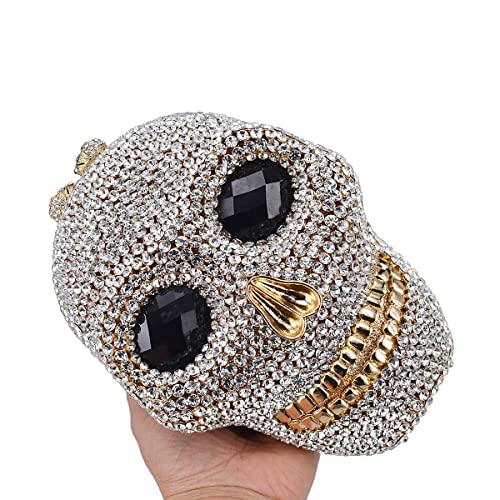 DJBM Halloween 3D Skull Clutch Purse Evening Bag Rhinestone Bag Crystal Metal Clutch for Women Evening Cocktail Party, Silver