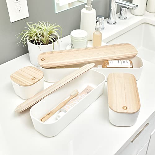iDesign Recycled Plastic Compact Drawer Organizer Bin with Paulownia Wood Lid, Small, Coconut