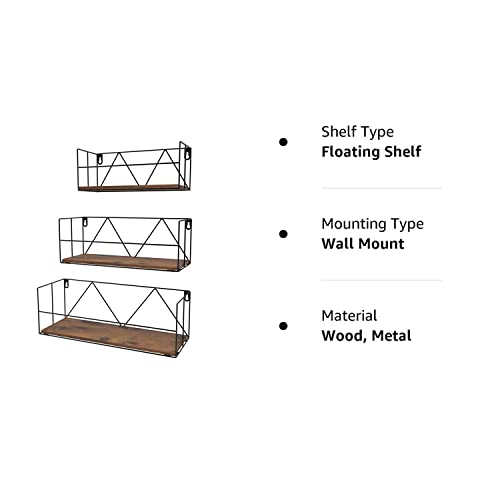 ZBEIVAN Floating Shelves Wall Mounted Set of 3, Wall Shelves with Metal Wire for Bathroom Bedroom Kitchen Living Room
