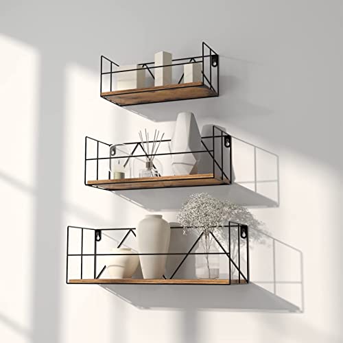 ZBEIVAN Floating Shelves Wall Mounted Set of 3, Wall Shelves with Metal Wire for Bathroom Bedroom Kitchen Living Room