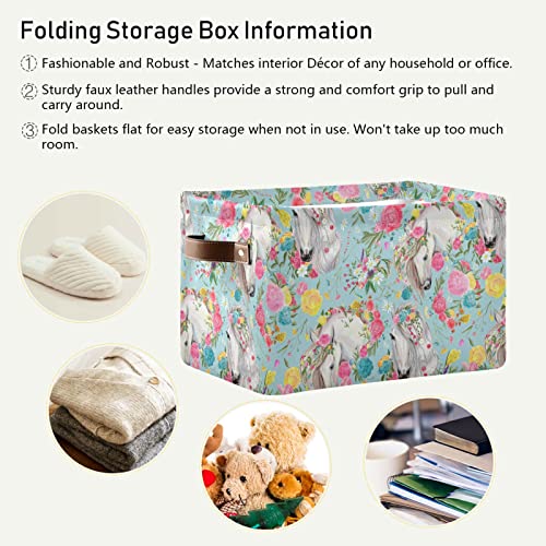 Large Storage Basket Horse and Flower Foldable Storage Box Organizer Bins with Handles for Bedroom Home Office