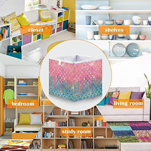Mermaid Scales Fish Storage Baskets for Shelves Foldable Collapsible Storage Box Bins with Fabric Bins Cube Toys Organizers for Pantry Organizing Shelf Nursery Home Closet,11 x 11inch